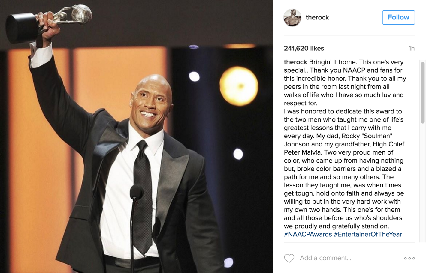Dwayne 'The Rock' Johnson wins Entertainer of the Year at the NAACP ...